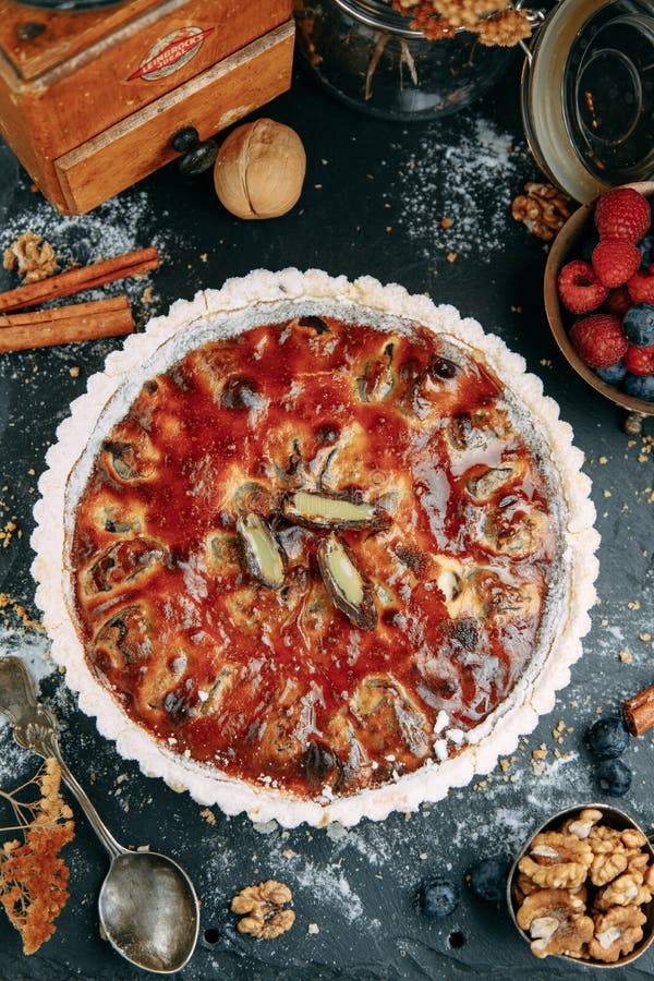 Date Cake with Sweet Jam and Shortbread. Fruit Cake Cut into Slices ...