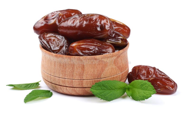 Date Fruit in Wooden Bowl Isolated on White Stock Photo - Image of ...