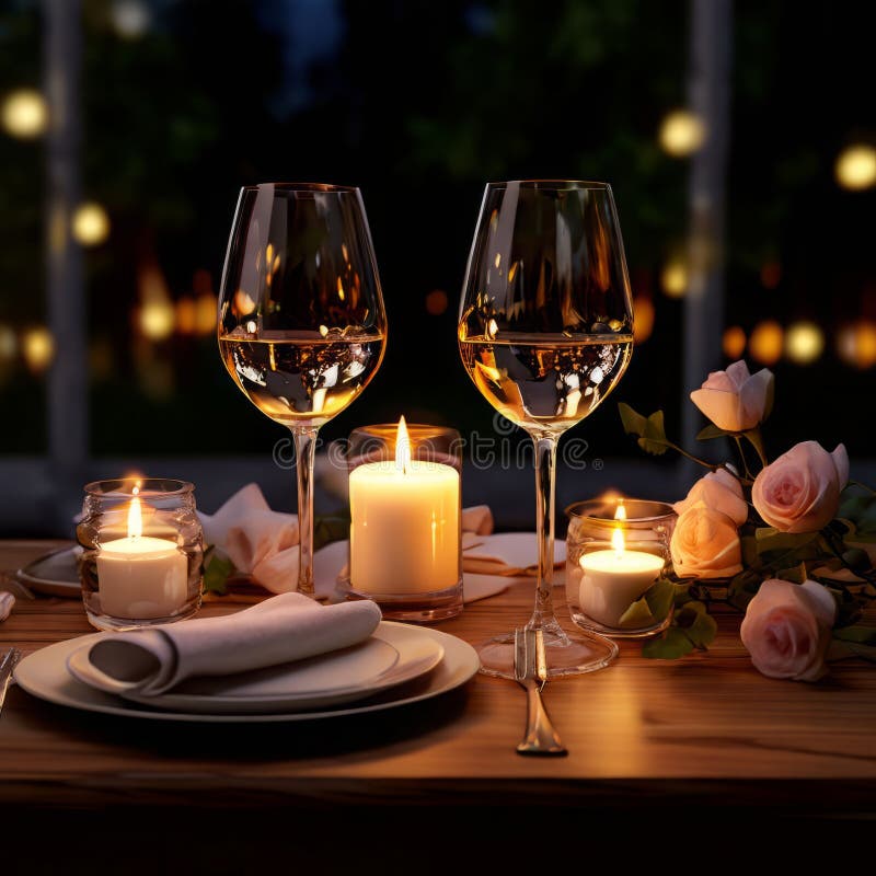 Date Night with Wine Glasses Candles and a Romantic Dinner Seup Stock ...