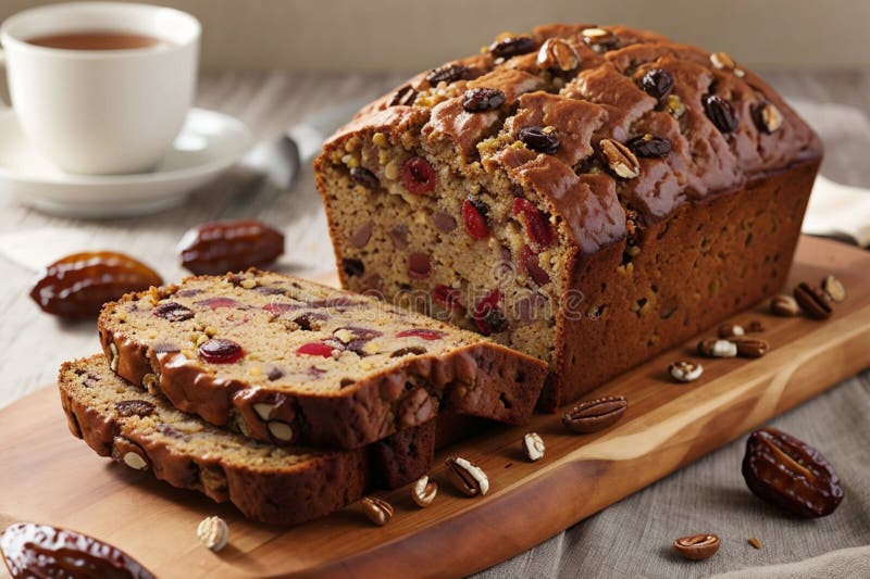 Date Nut Bread with Cherry on Wooden Board Stock Illustration ...