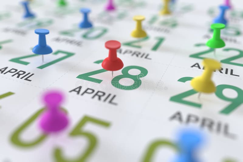 April 28 Date and Push Pin on a Calendar, 3D Rendering Stock ...