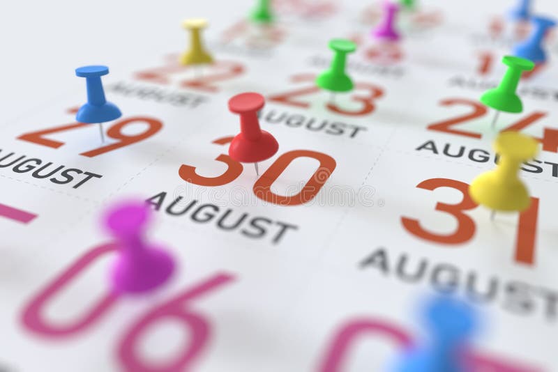 August 30 Date and Push Pin on a Calendar, 3D Rendering Stock ...