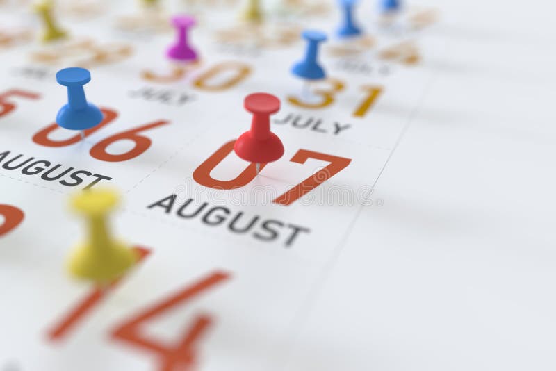 August 7 Date and Push Pin on a Calendar, 3D Rendering Stock ...