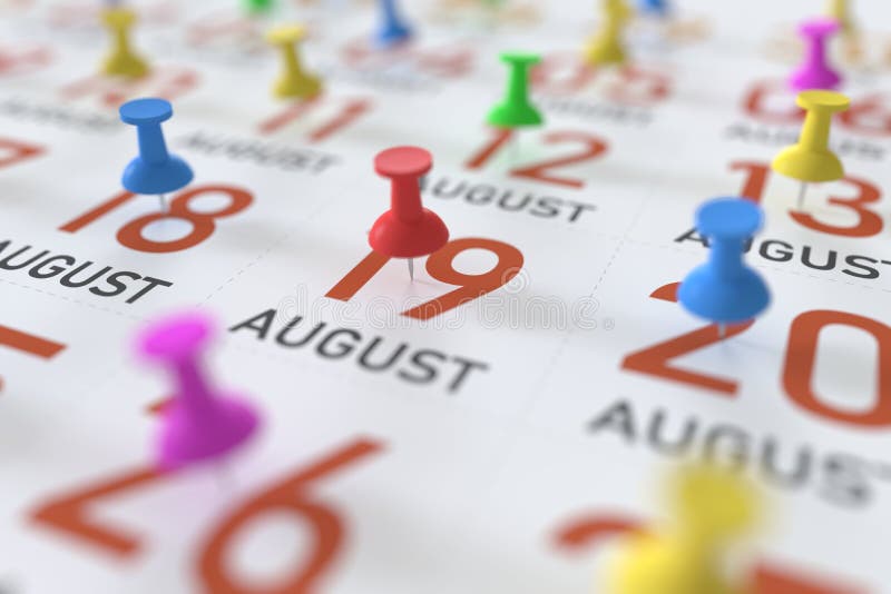 August 19 Date and Push Pin on a Calendar, 3D Rendering Stock ...