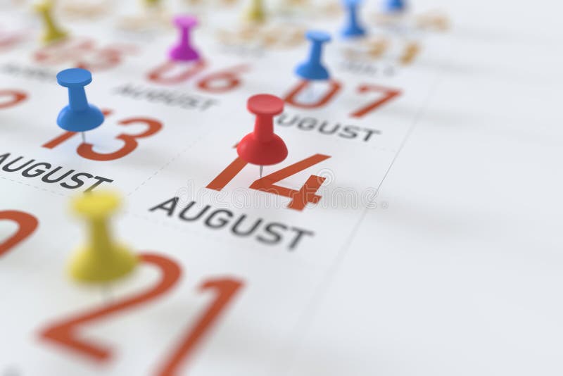 August 14 Date and Push Pin on a Calendar, 3D Rendering Stock ...