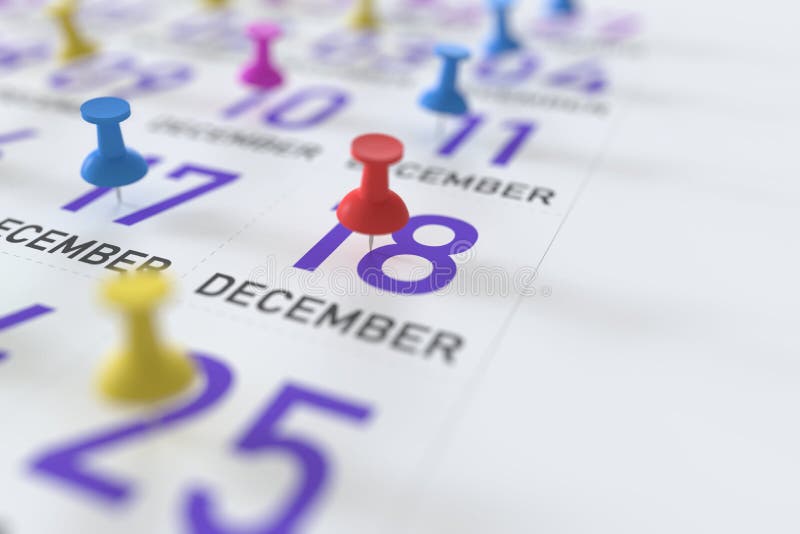 December 18 Date and Push Pin on a Calendar, 3D Rendering Stock ...