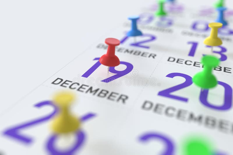 December 19 Date and Push Pin on a Calendar, 3D Rendering Stock ...