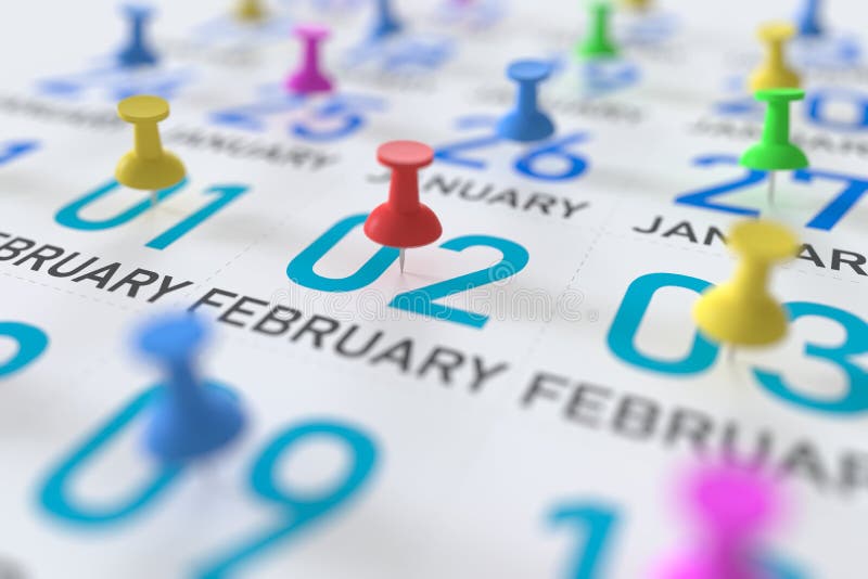 February 2 Date and Push Pin on a Calendar, 3D Rendering Stock ...