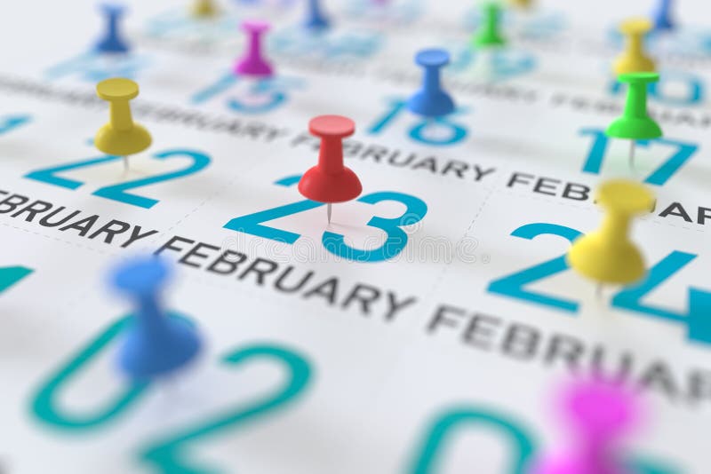 February 23 Date and Push Pin on a Calendar, 3D Rendering Stock ...