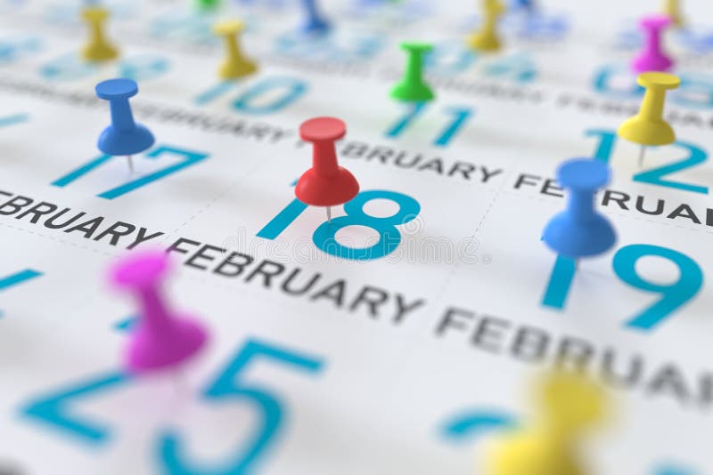 February 18 Date and Push Pin on a Calendar, 3D Rendering Stock ...