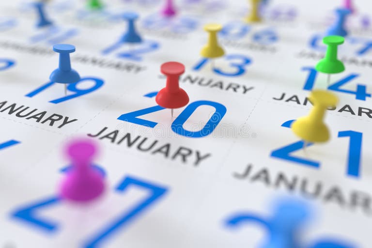 January 20 Date and Push Pin on a Calendar, 3D Rendering Stock ...