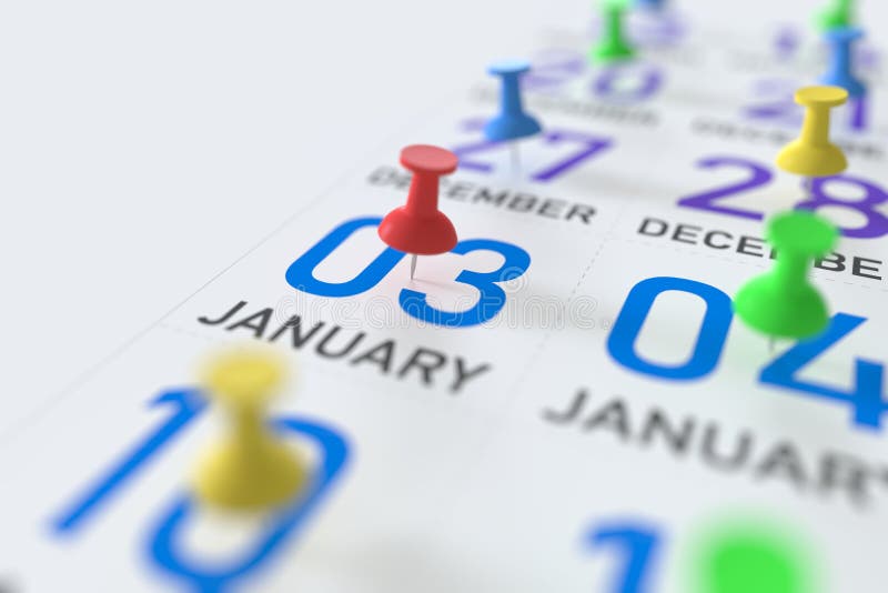 January 3 Date and Push Pin on a Calendar, 3D Rendering Stock ...