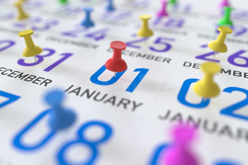 January 1 Date and Push Pin on a Calendar, 3D Rendering Stock ...