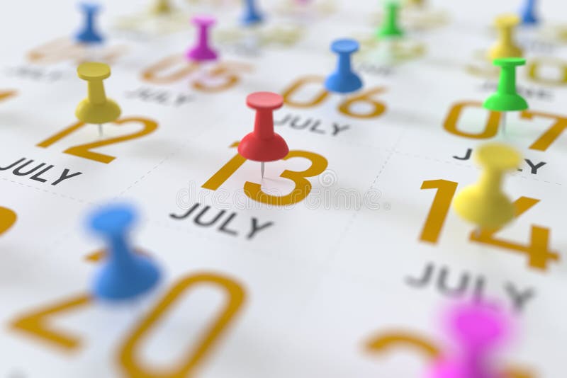 July 13 Date and Push Pin on a Calendar, 3D Rendering Stock ...