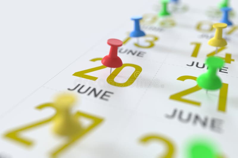 June 20 Date and Push Pin on a Calendar, 3D Rendering Stock ...