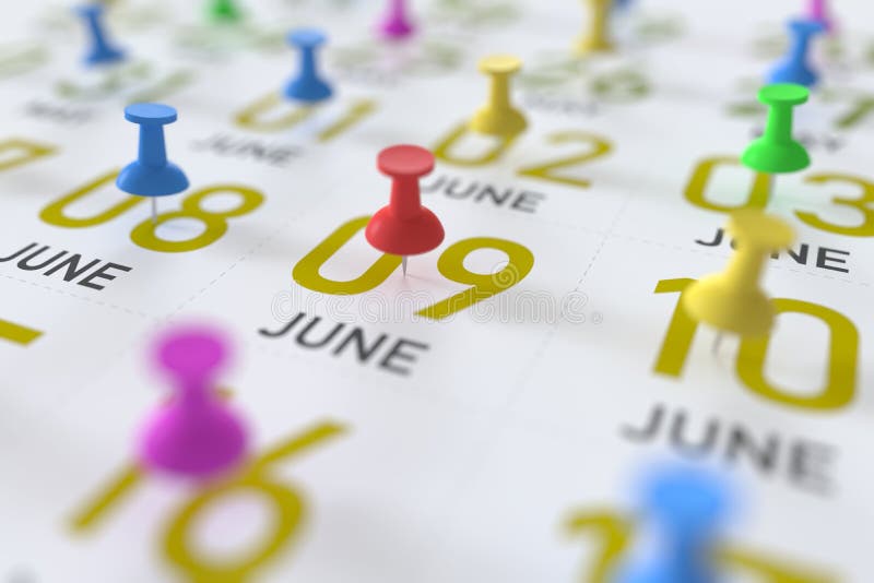 June 9 Date and Push Pin on a Calendar, 3D Rendering Stock Illustration ...