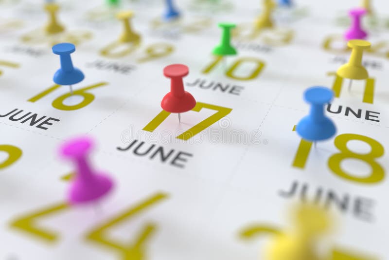 June 17 Date and Push Pin on a Calendar, 3D Rendering Stock ...