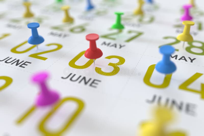 June 3 Date and Push Pin on a Calendar, 3D Rendering Stock Illustration ...