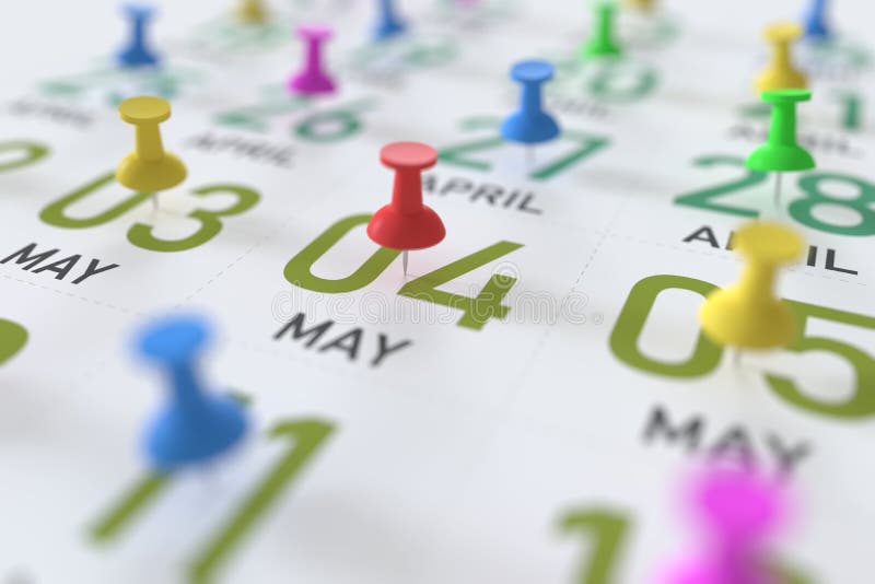 May 4 Date and Push Pin on a Calendar, 3D Rendering Stock Illustration ...