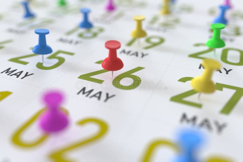 May 26 Date and Push Pin on a Calendar, 3D Rendering Stock Illustration ...