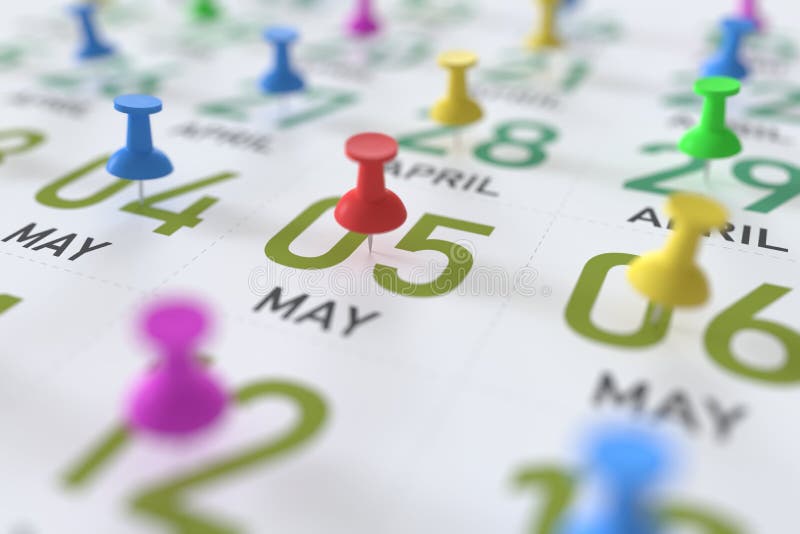 May 5 Date Marked with Red Pushpin on a Calendar, 3D Rendering Stock ...