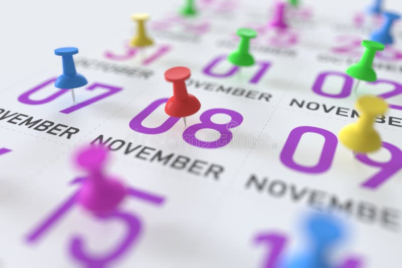 November 8 Date and Push Pin on a Calendar, 3D Rendering Stock ...