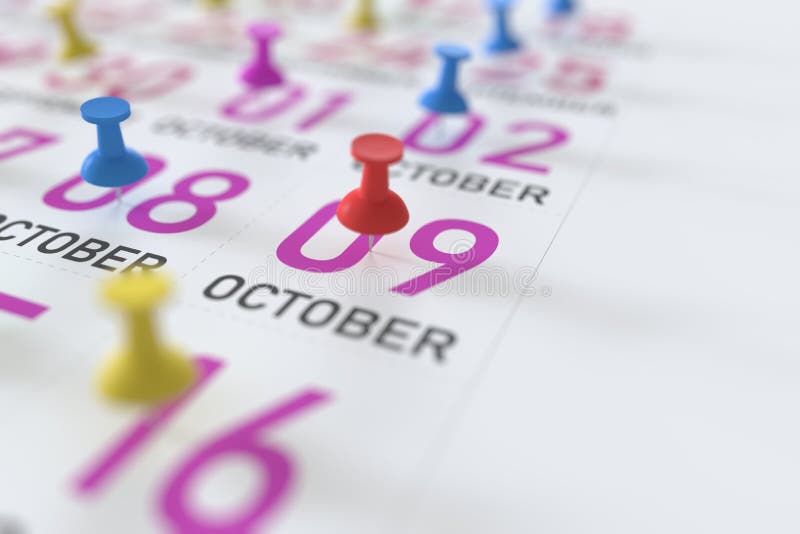October 9 Date and Push Pin on a Calendar, 3D Rendering Stock ...