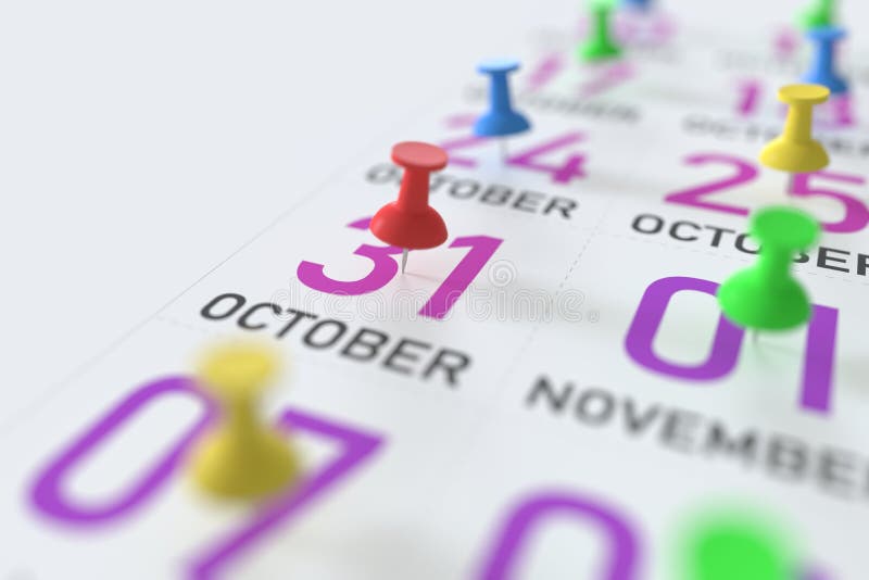 October 31 Date and Push Pin on a Calendar, 3D Rendering Stock ...