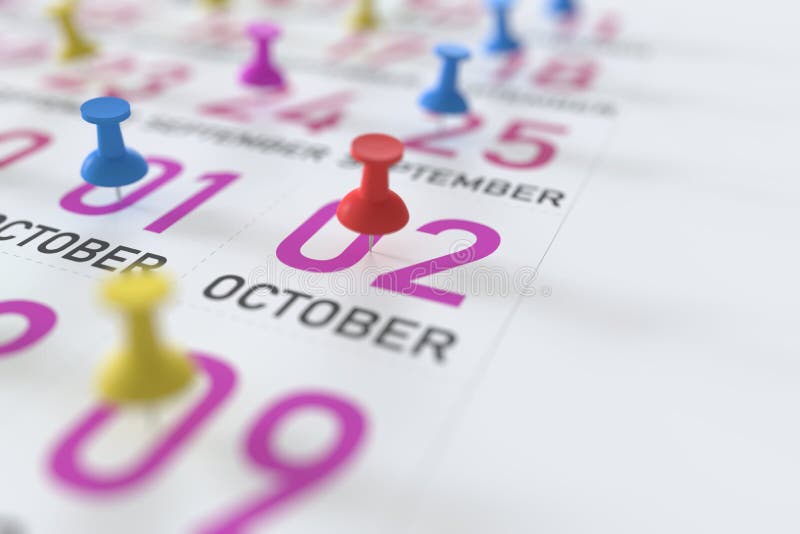 October 2 Date and Push Pin on a Calendar, 3D Rendering Stock ...