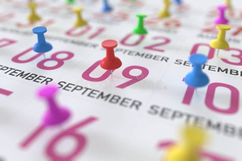September 9 Date and Push Pin on a Calendar, 3D Rendering Stock ...