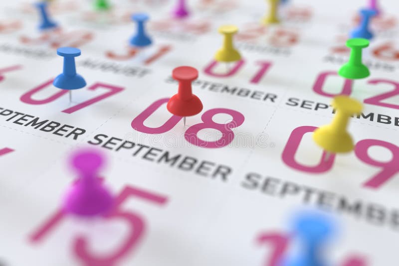September 8 Date and Push Pin on a Calendar, 3D Rendering Stock ...
