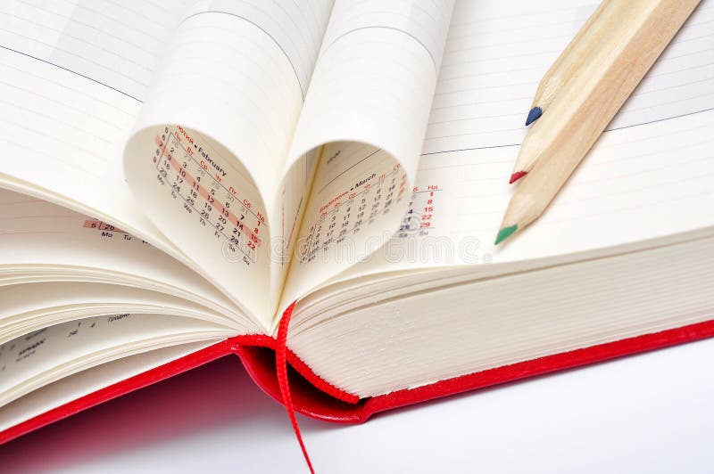 Date in Red Notebook, Heart of Pages and Color Pencils. Stock Image ...
