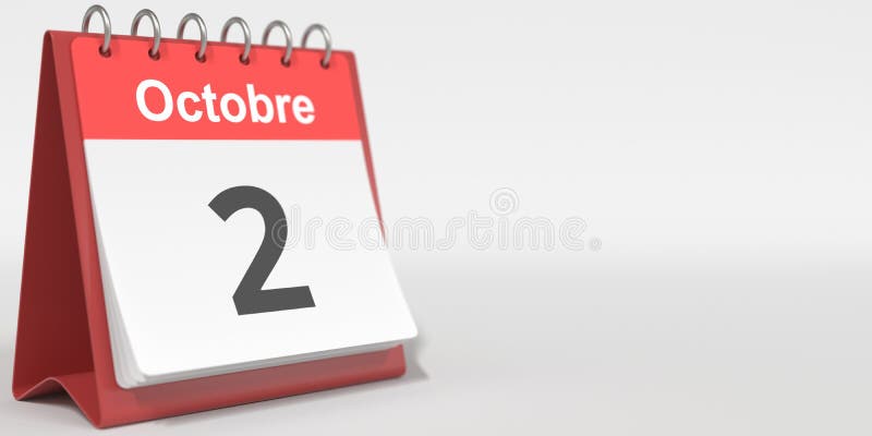 October 2 Date Written in French on the Flip Calendar Page, 3d ...