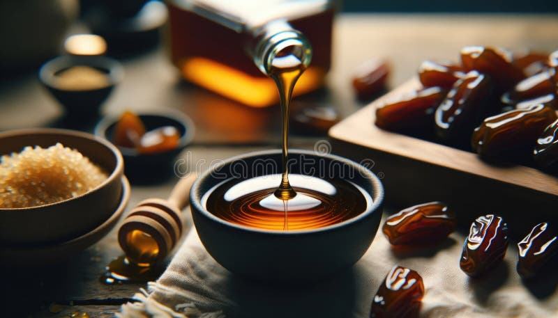 Date Syrup Being Poured into a Bowl, Surrounded by Fresh Dates and ...