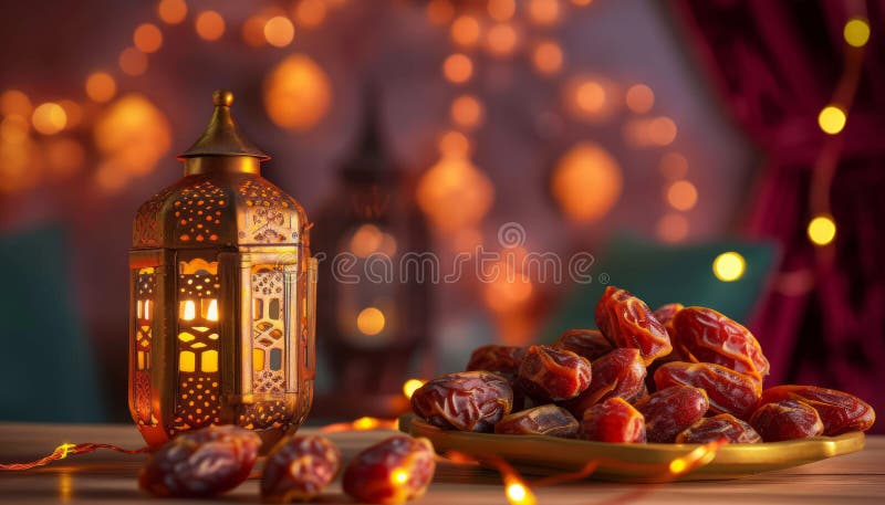 Dates Arranged on a Table with a Lantern and Lights in the Background ...