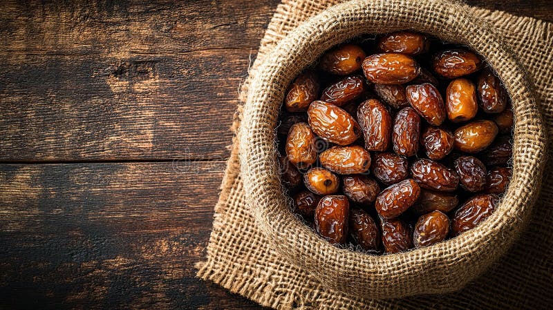 Dates in Burlap Sack on Rustic Wood Table, Top View, Copy Space Stock ...