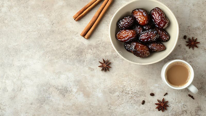 Dates with Coffee, Cinnamon, and Star Anise on Rustic Background Stock ...