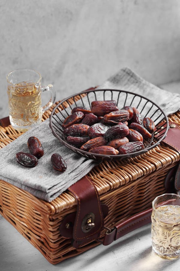 Dates Fruit and Arab Tea on a White Concrete Background with a Blank ...