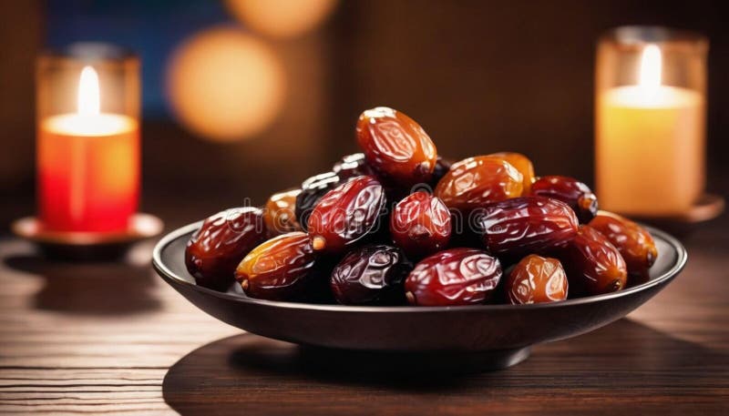 Dates Fruit in Plate on the Wooden Table with Blurred Candle on the ...