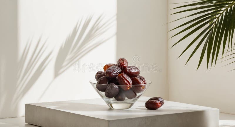Dates in a Glass Bowl with Palm Leaf Shadows. Stock Illustration ...