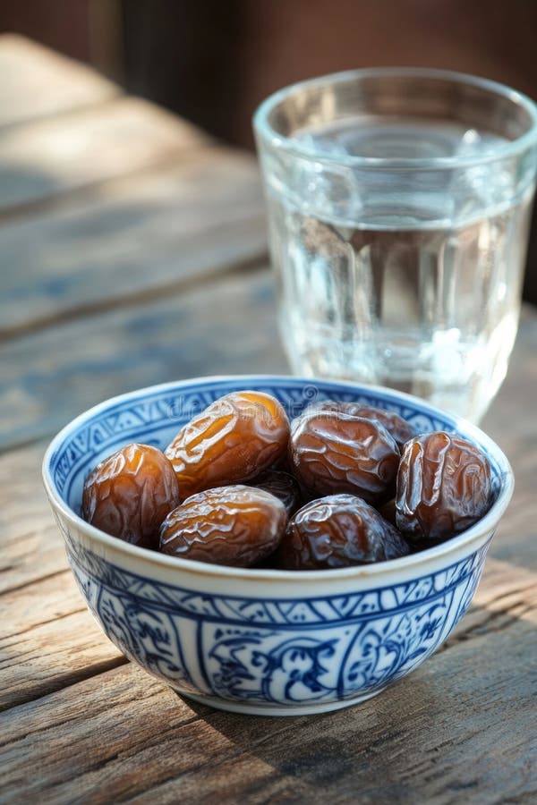 Dates and a Glass of Water are Served on a Patterned Bowl, Marking the ...