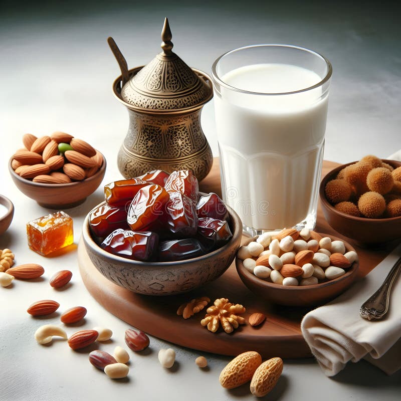 Dates Milk and Assorted Nuts in Traditional Ramadan Iftar Setting ...