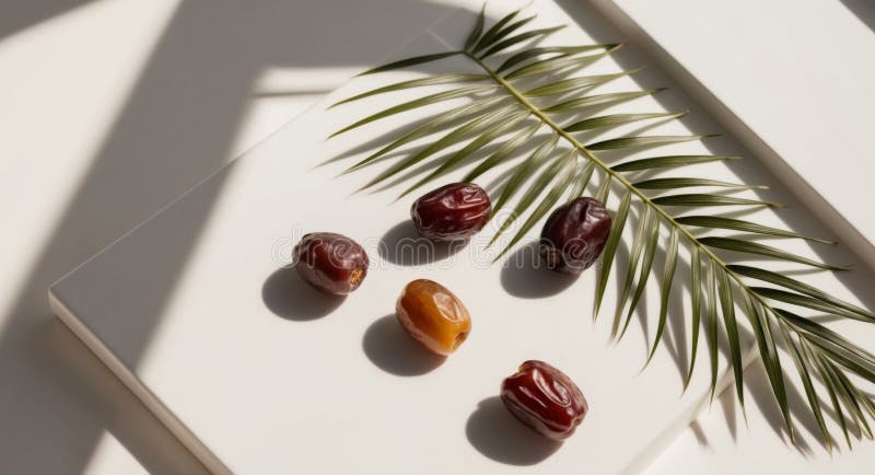 Dates and Palm Leaf on White Surface with Sunlight. Stock Image - Image ...