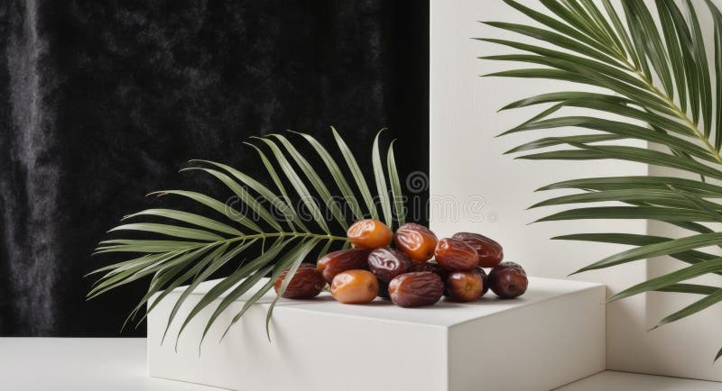 Dates and Palm Leaves on a Black Background. Stock Illustration ...
