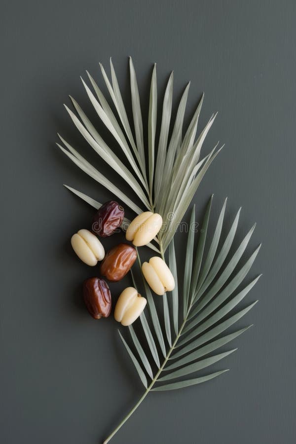 Dates and Palm Leaves on a Dark Gray Background. Stock Photo - Image of ...