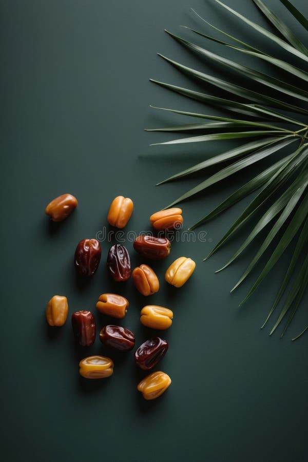 Dates and Palm Leaves on a Dark Green Background. Stock Illustration ...