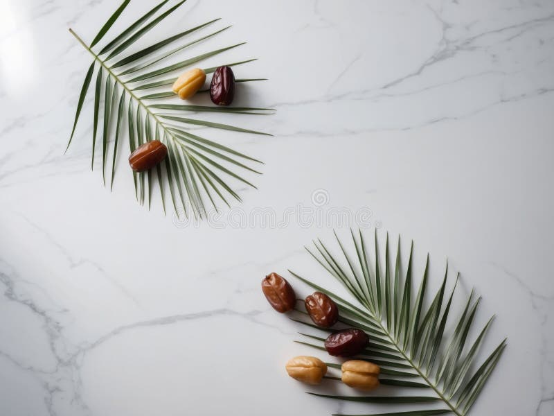 Dates and Palm Leaves on Marble Background. Stock Illustration ...
