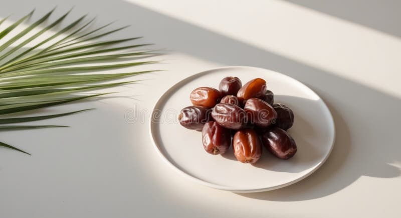Dates and Palm Leaves on a White Surface with Light Shadows. Stock ...