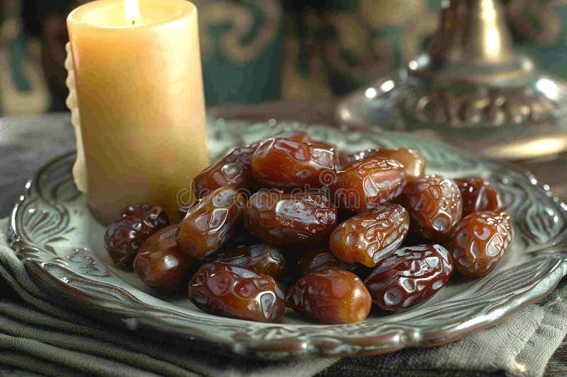 Dates on a Platter with a Candle is Next To it, High Quality, High ...