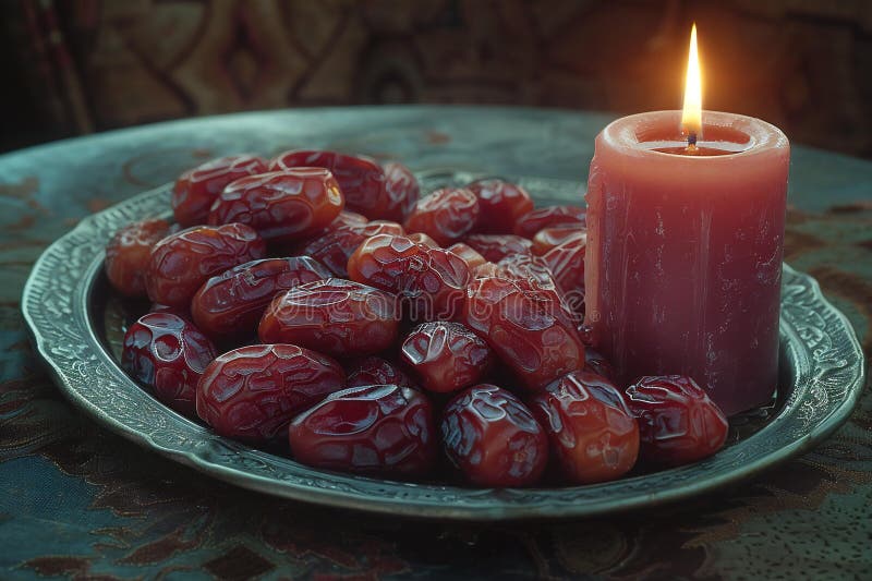 Dates on a Platter with a Candle is Next To it, High Quality, High ...